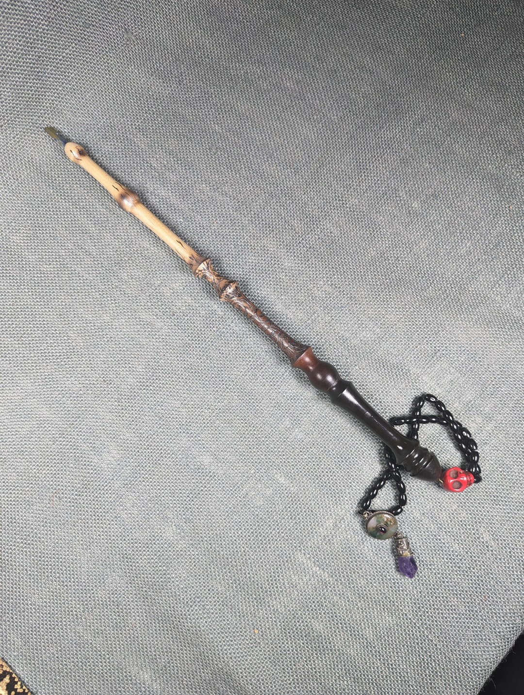 Skull Wand With Gem Stones Hand Carved Wood With Burnt and Painted ...