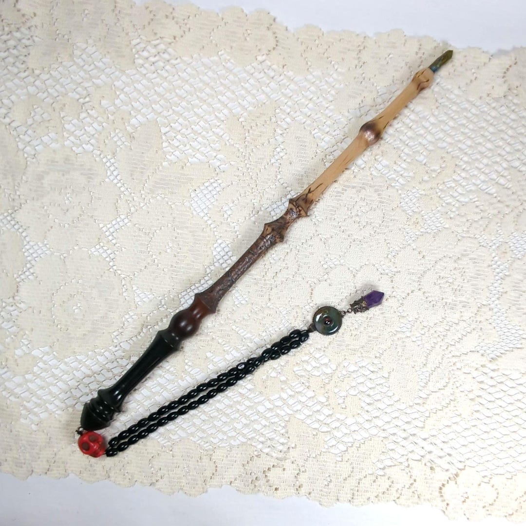 Skull Wand With Gem Stones - Hand Carved Wood With Burnt and Painted ...
