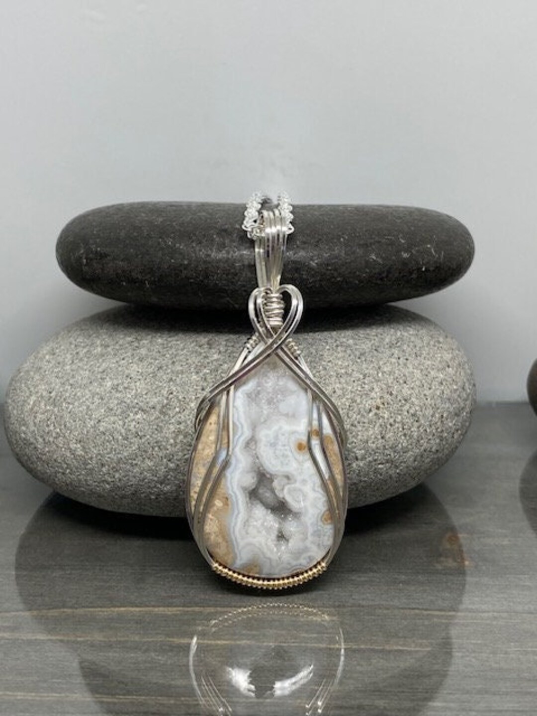 Wyoming Blizzard Stone Aka Lysite Agate Pendant Necklace Wire Wrapped ...