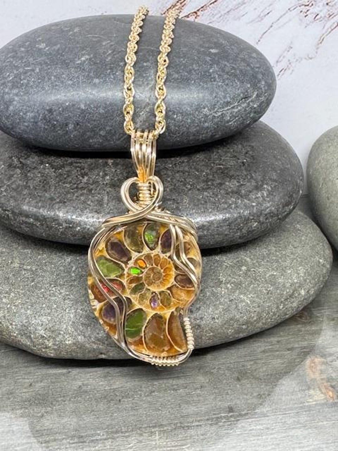 Ammonite Jewelry, Ammonite With Multi-color Ammolite Inlay, Ammonite ...