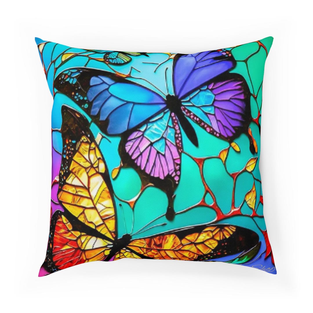 Colorful Stained Glass Butterfly Throw Pillow- Vibrant Decorative ...