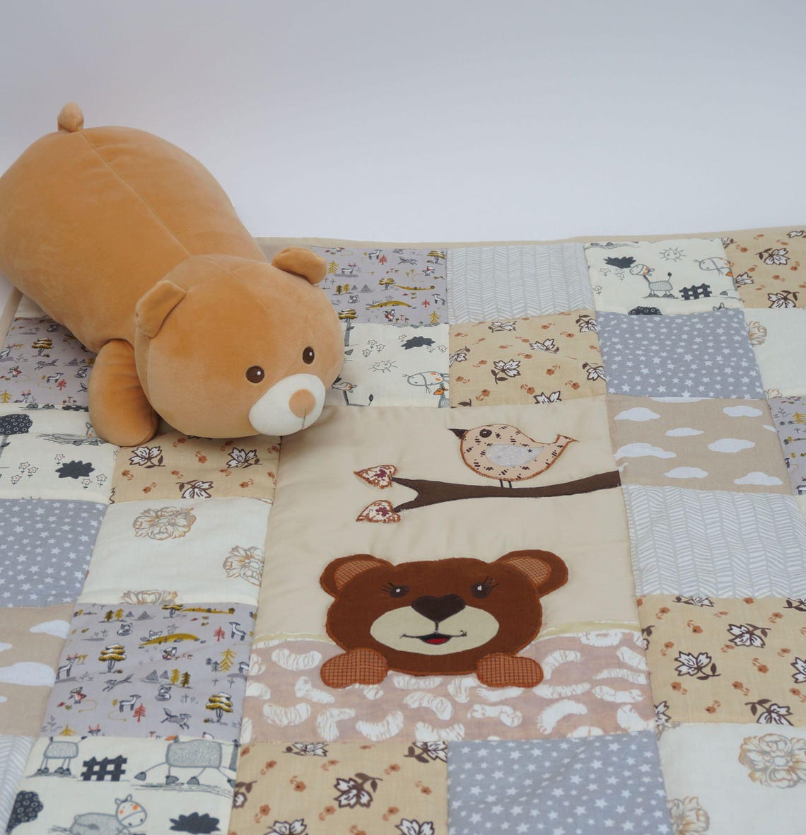 Bear Patchwork Quilt, Neutral Grey and Beige Baby Blanket, Handmade ...