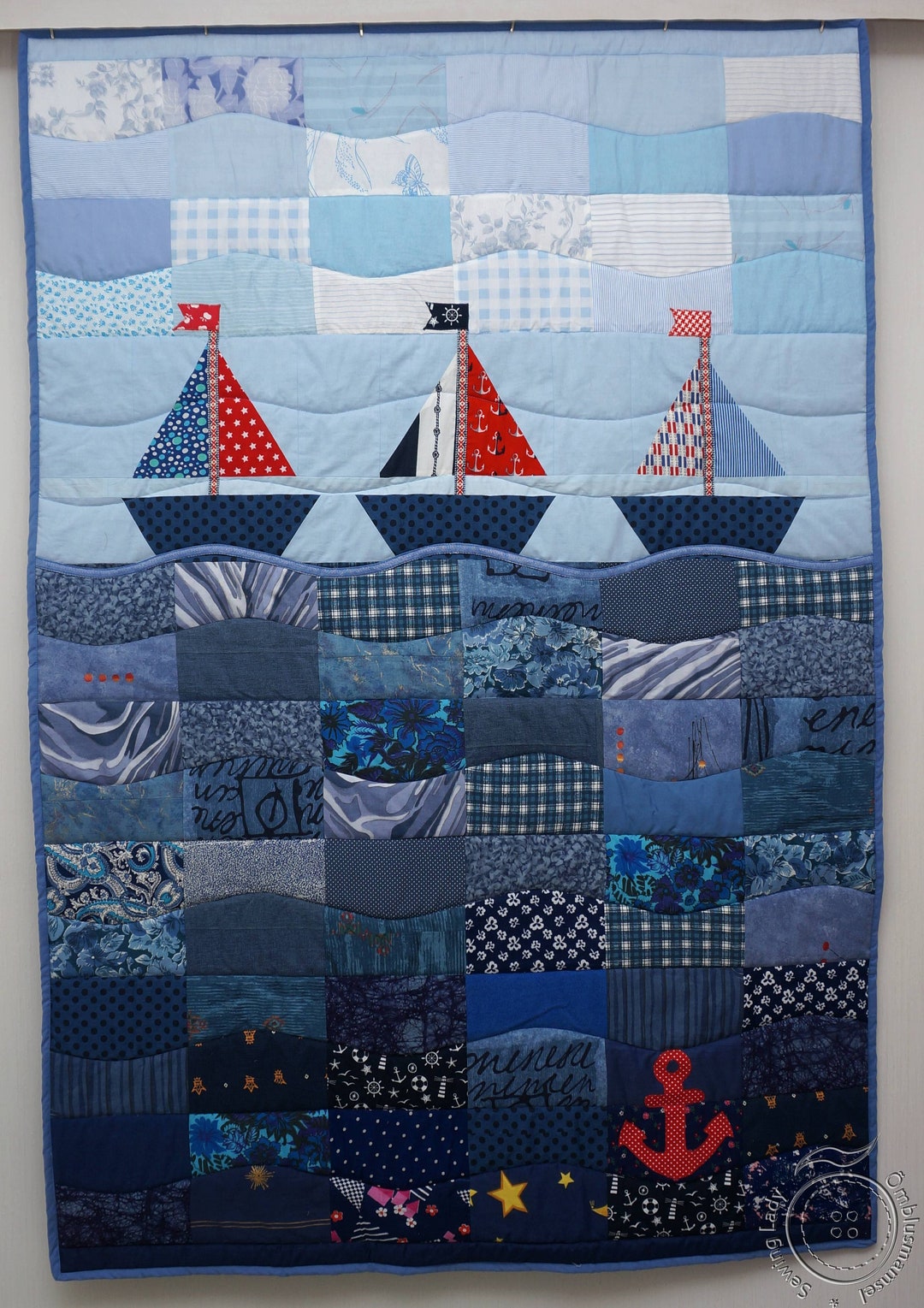 Blue Patchwork Quilt With Sailboats Nautical Quilt Nursery - Etsy