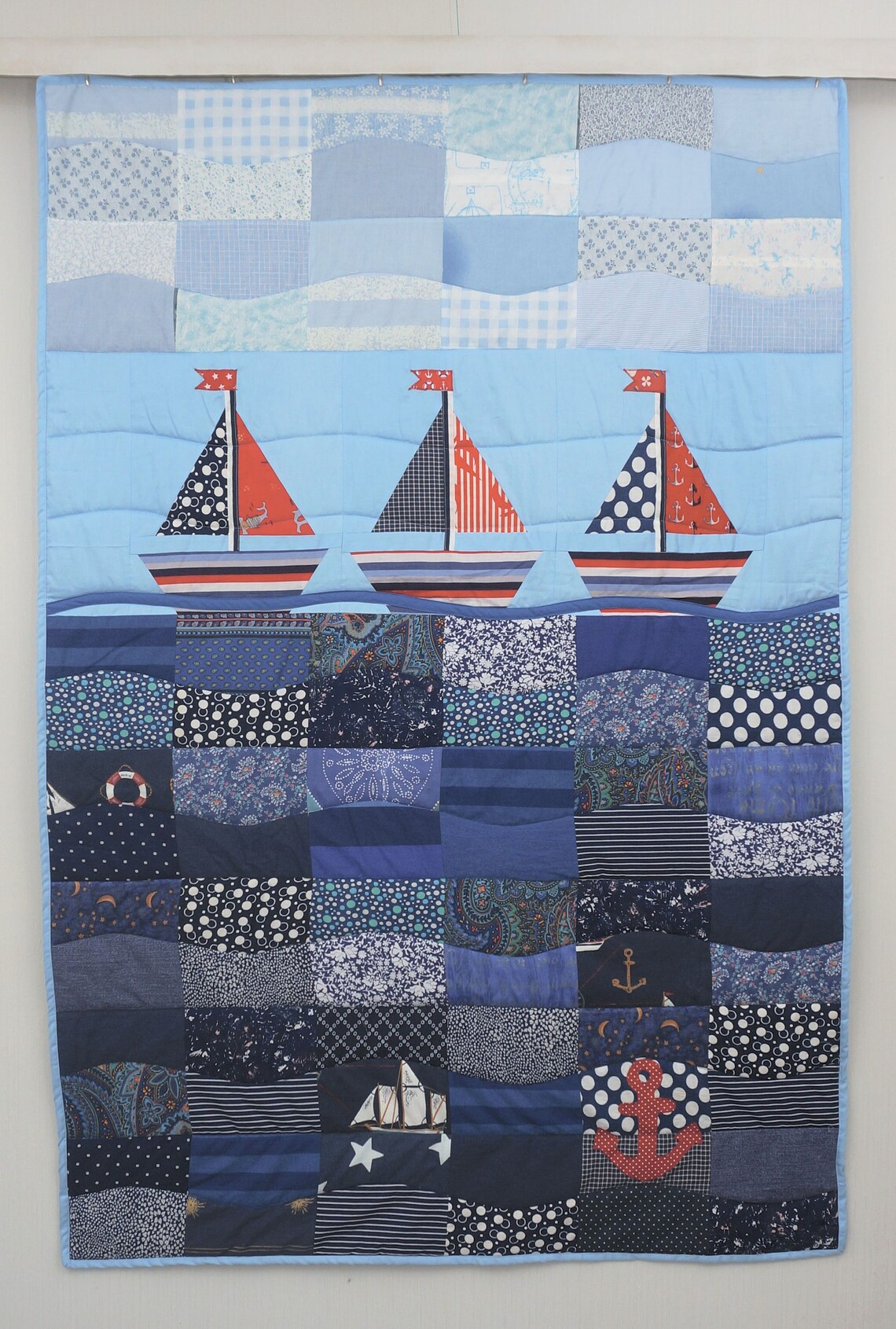 Blue Patchwork Quilt With Sailboats, Nautical Quilt, Nursery Bed Cover ...