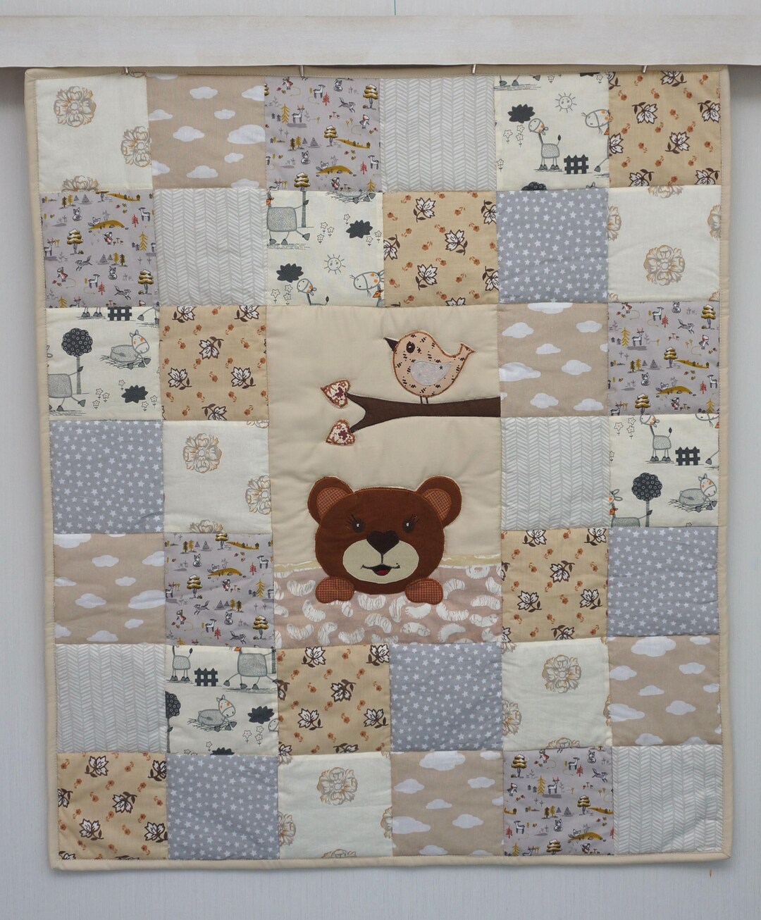 Bear Patchwork Quilt, Neutral Grey and Beige Baby Blanket, Handmade ...