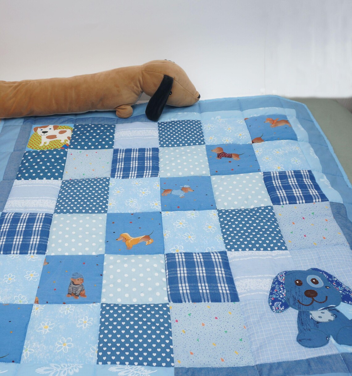 Dog Pattern Blue Baby Quilt, Patchwork Blanket for Baby Boy, Puppy Dog ...