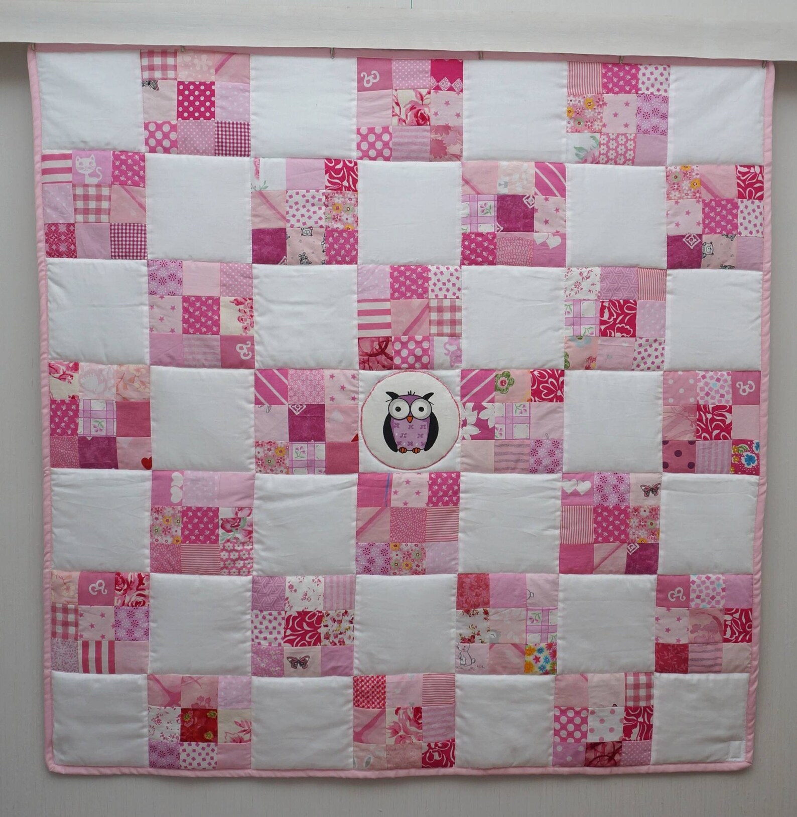 Pink Patchwork Baby Blanket, Baby Girl Quilt, Crib Quilt, Owl Baby ...
