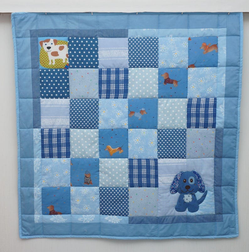 Dog Pattern Blue Baby Quilt, Patchwork Blanket for Baby Boy, Puppy Dog ...
