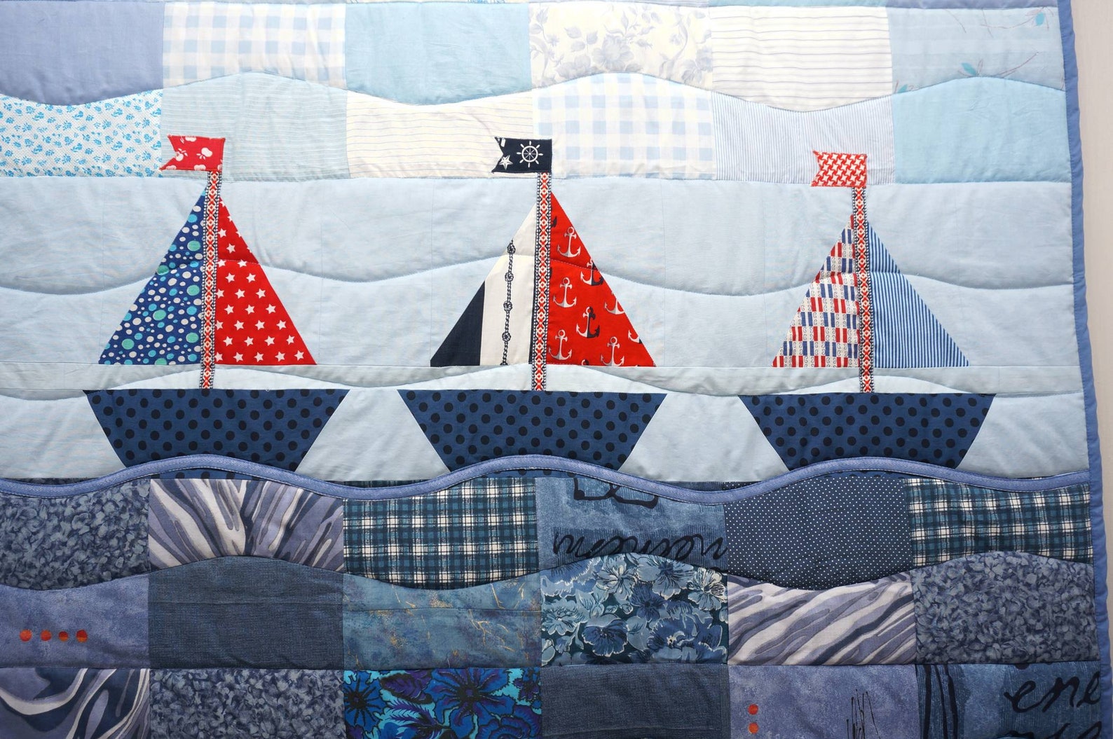 Blue Patchwork Quilt With Sailboats Nautical Quilt Nursery - Etsy