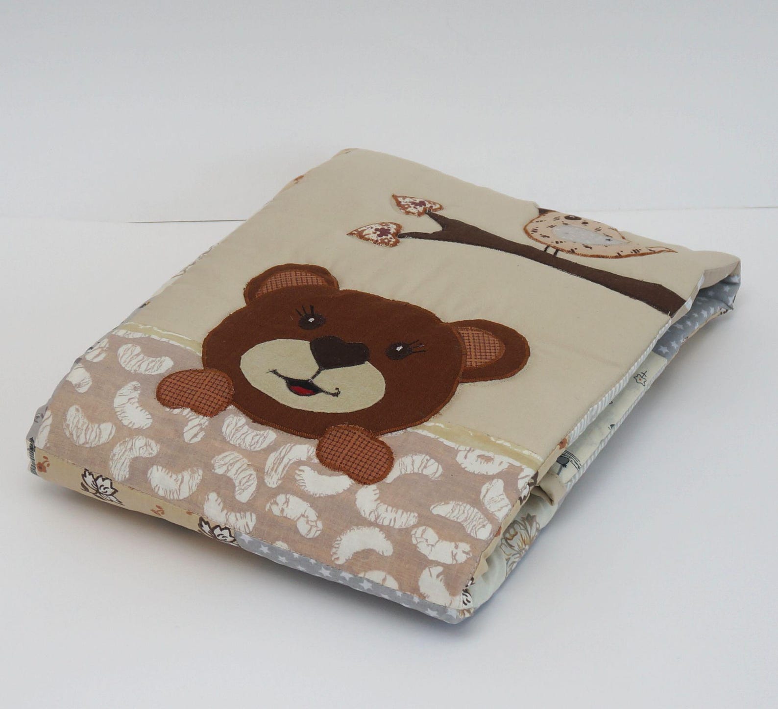 Bear Patchwork Quilt, Neutral Grey and Beige Baby Blanket, Handmade ...