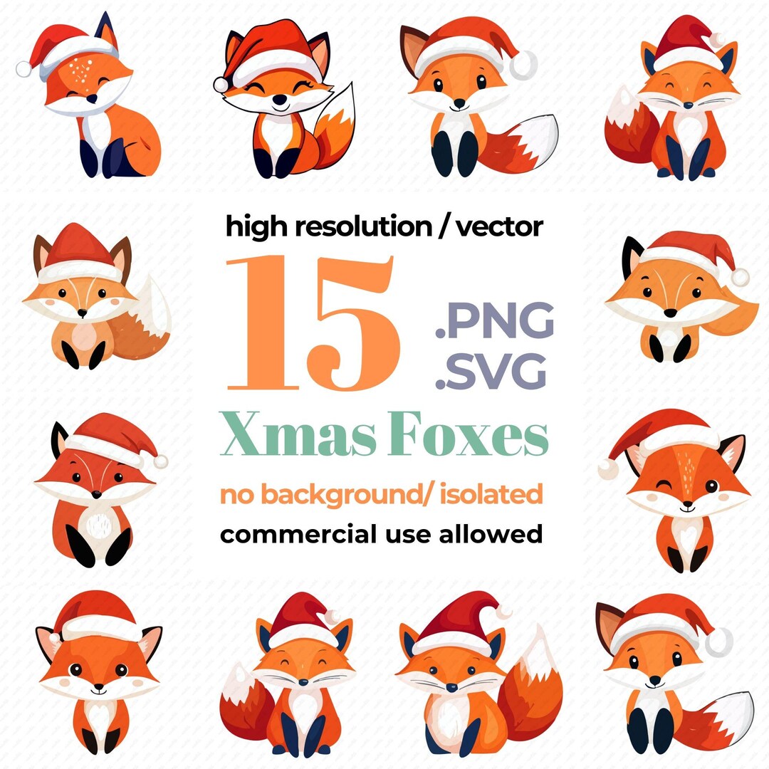 15 Cute Christmas Fox Clipart Santa Hat Fox PNG/SVG Vector Transparent ...