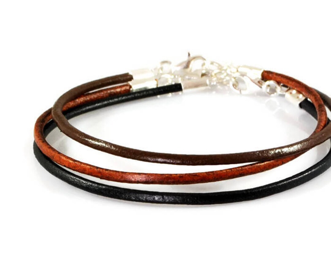 Mens Bracelet Sterling Silver Bracelet Brown Black Leather Bracelet ...