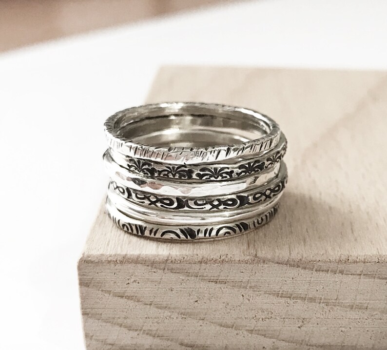 Skinny Sterling Silver Rings Stacking Rings Silver Texture - Etsy