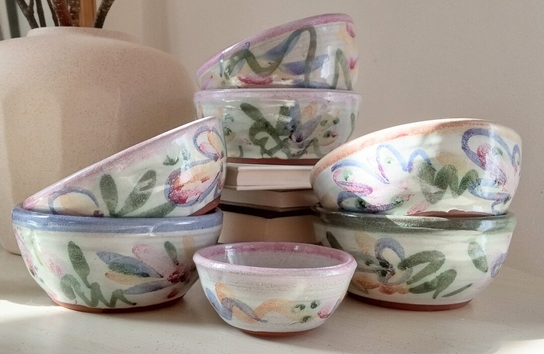 T. Puterbaugh Gill Pottery Hand Painted Set of 6 Bowls Salt Cellar ...