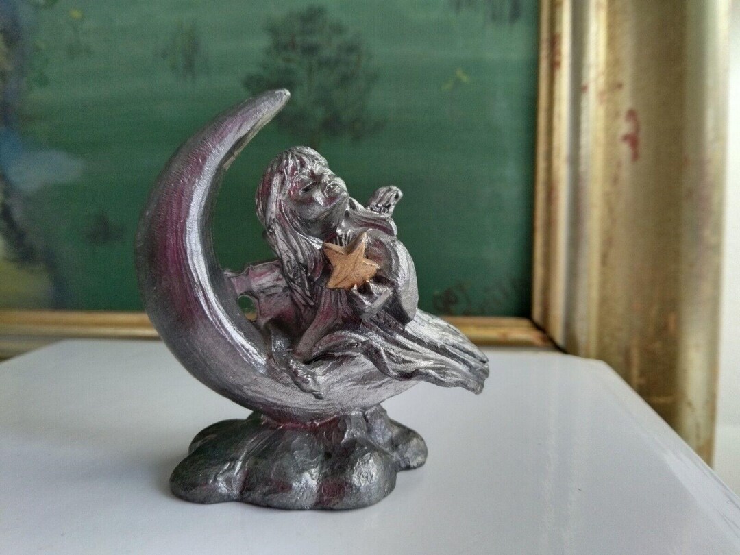 Michael Ricker Pewter Girl Angel Sitting in Moon Holding Gold Star ...