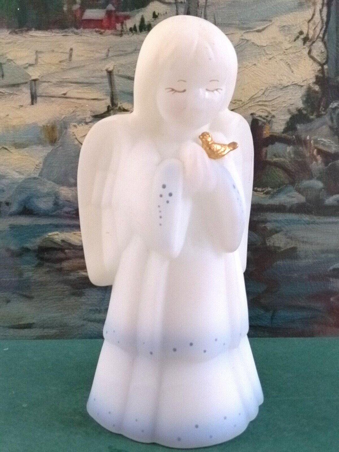 FENTON Christmas Angel Figurine Art Glass Blue Dress Gold Bird Accents ...