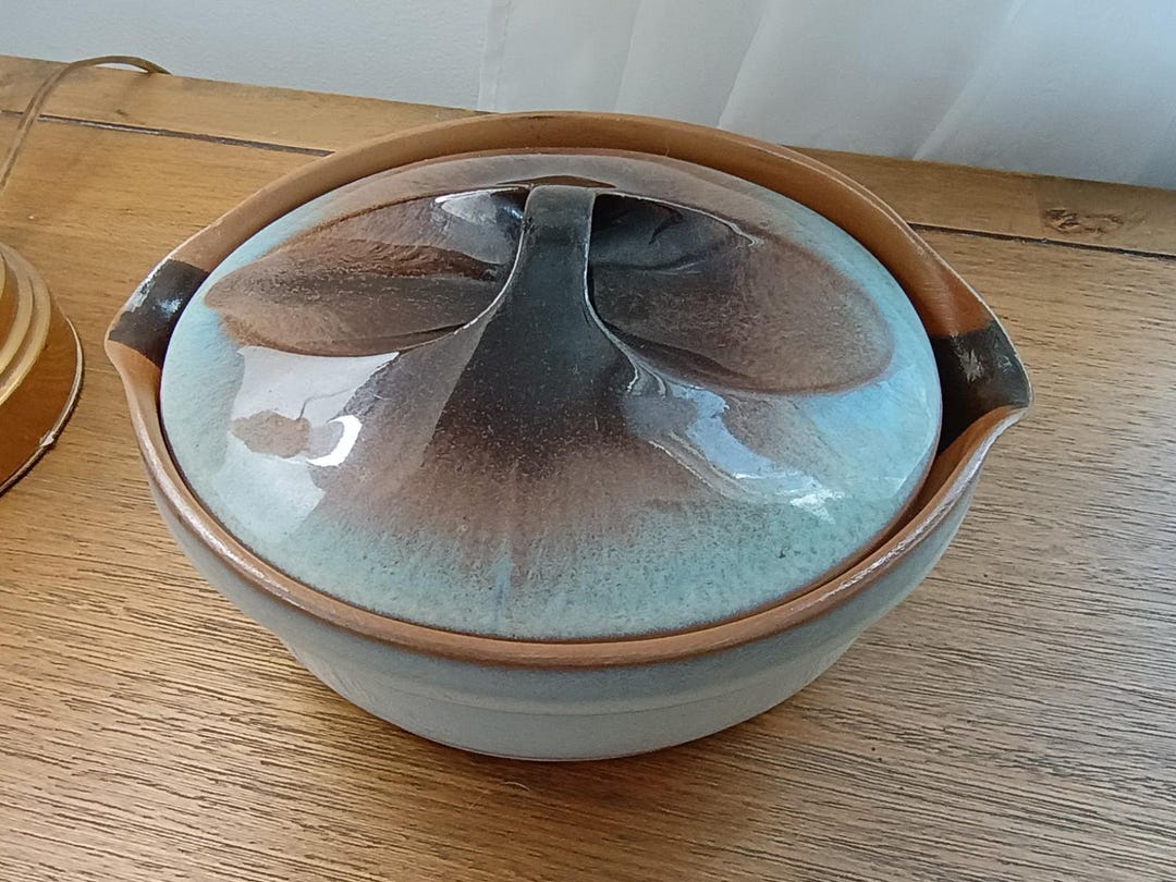 Vintage Peter Pots Signed Pottery Blue and Cream Lidded Casserole MCM ...