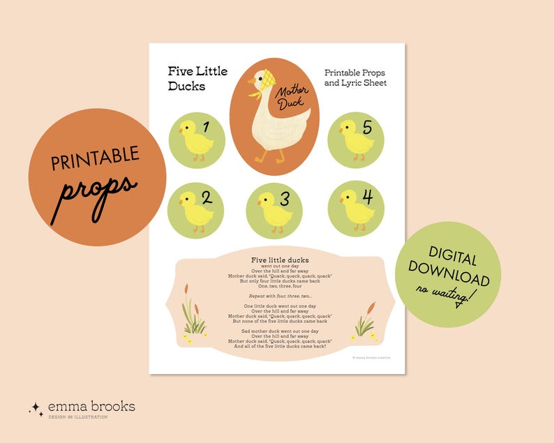 Five Little Ducks Printable Props: Hand-drawn Lyrics Sheet (digital ...