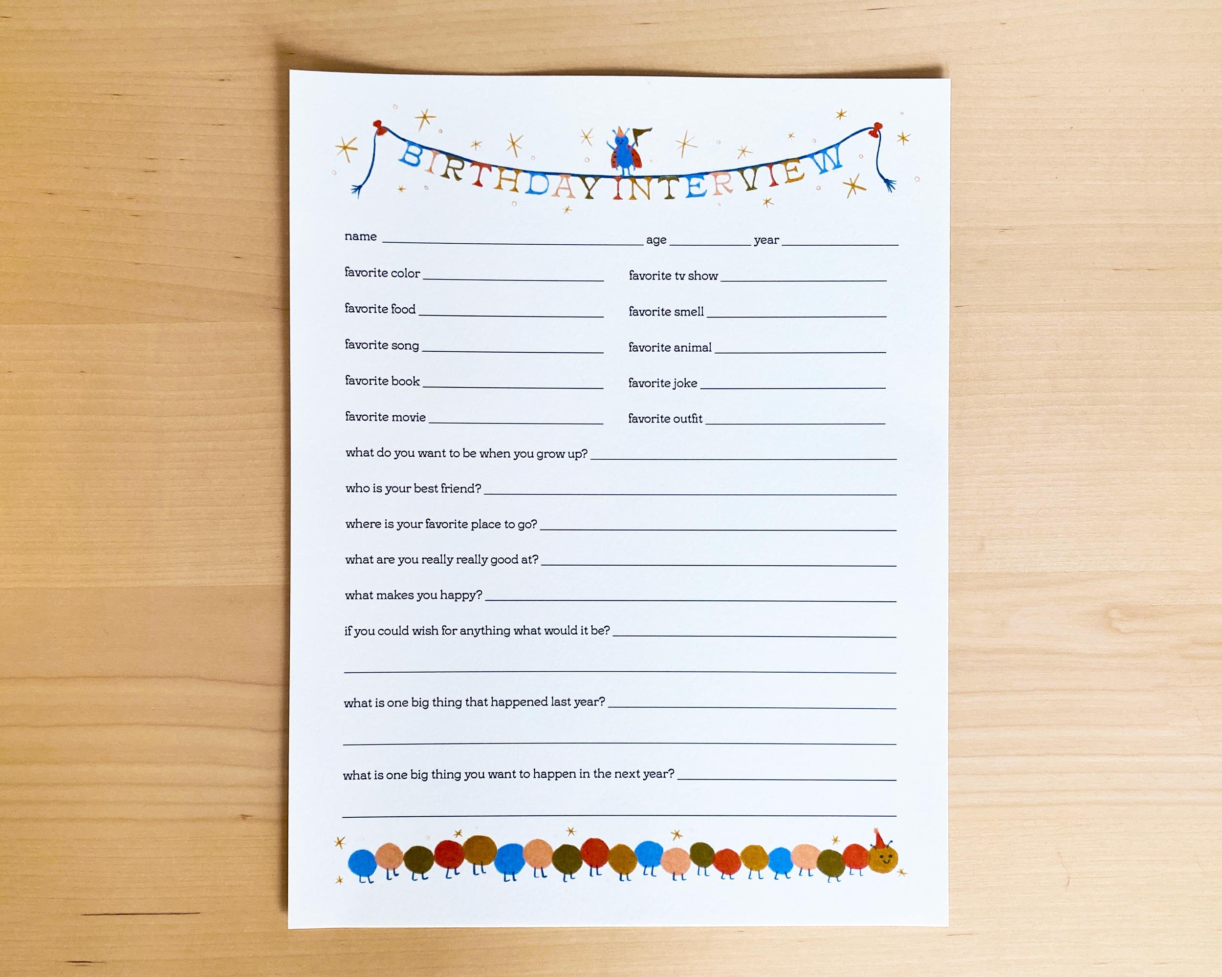 Kids' Birthday Interview Printable Digital Download With Colorful Cute ...
