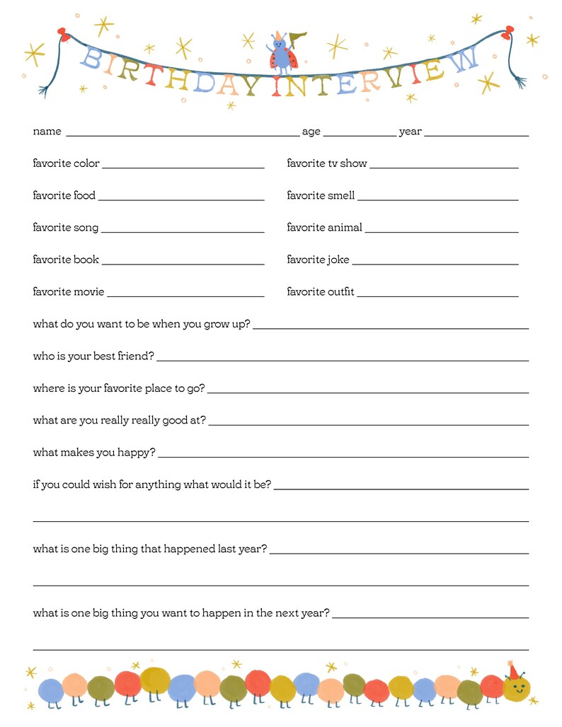 Kids' Birthday Interview Printable Digital Download With Colorful Cute ...