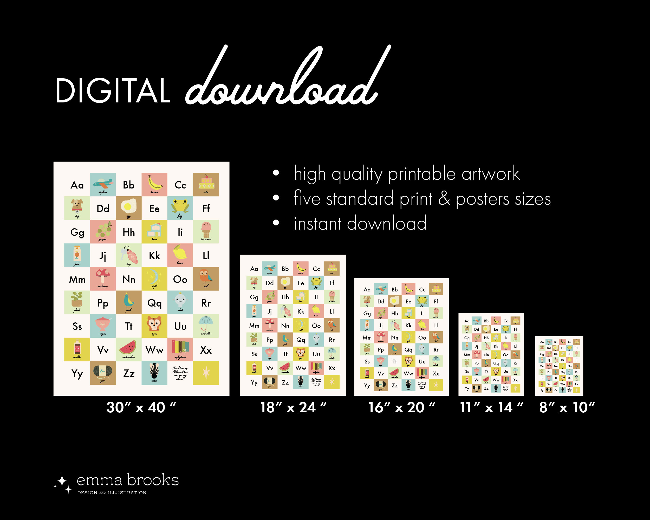 Alphabet Poster Printable Wall Art - Colorful Illustrated Midcentury ...