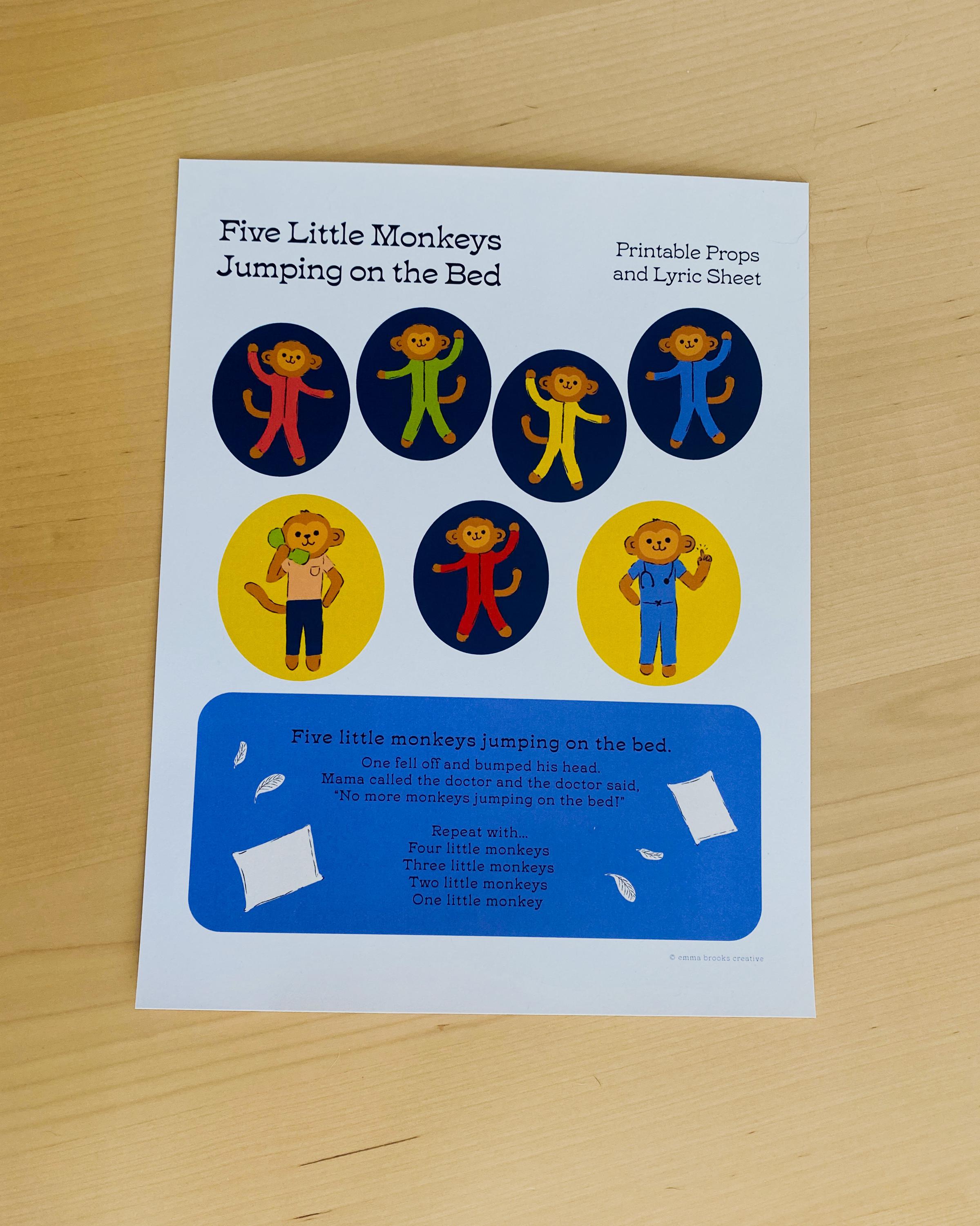 Five Little Monkeys Jumping on the Bed Printable Props and Lyrics Sheet ...
