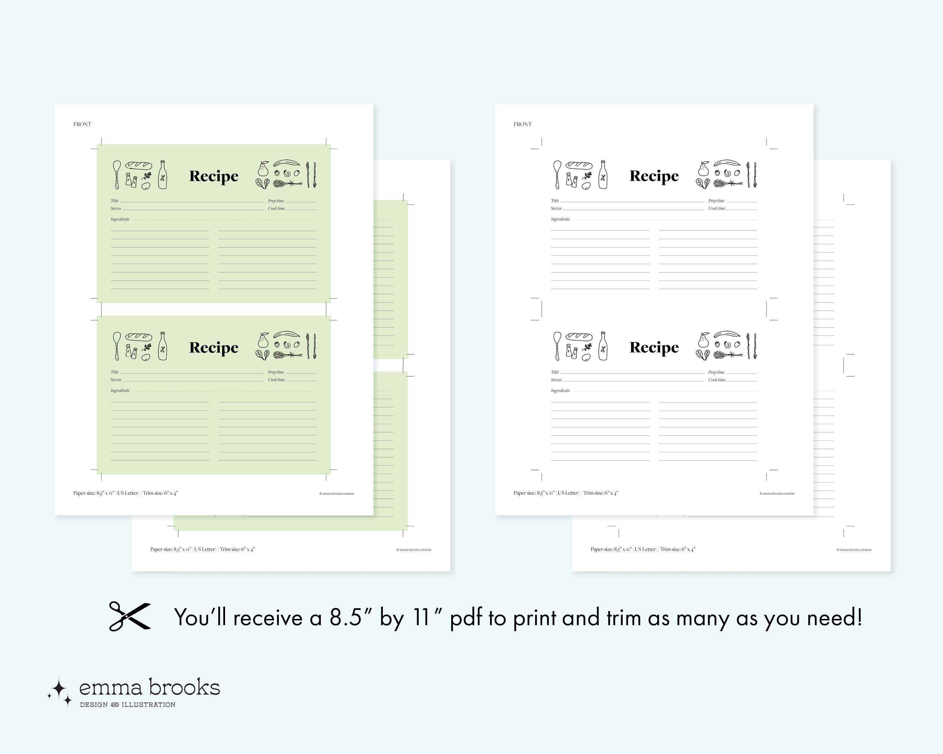 Recipe Cards Printable With Hand-drawn Food Illustrations, Green or ...