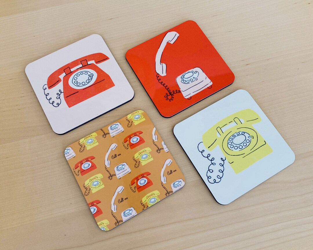 Vintage Telephone Illustrated Coasters Set of 4 - Artistic, Colorful ...