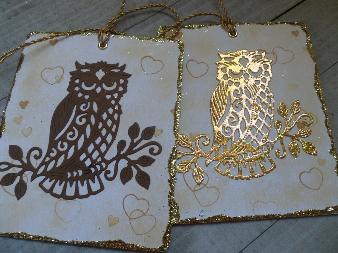 Handmade Large GLITTER OWL Gift Tags, Package Name Tags, Filigree Owls ...