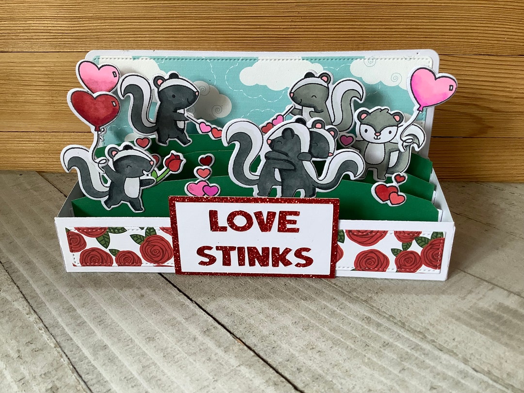 Handmade Long Scene Pop up Box Greeting Card, LOVE STINKS SKUNKS ...