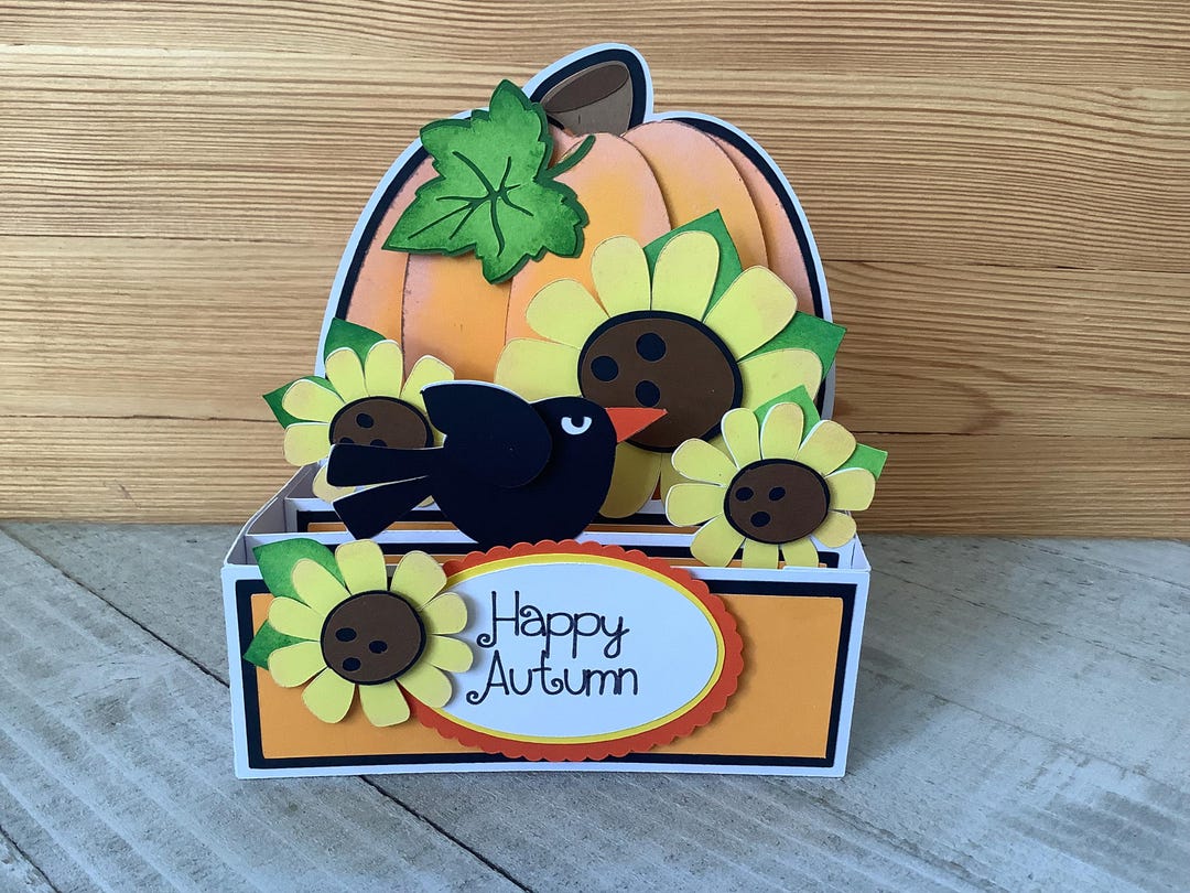 Autumn Fall Greeting Card Pop up Box 3D Pumpkin, Sunflowers and Crow ...