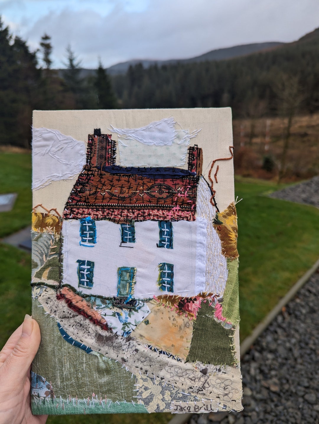 Embroidery White Cottage Textile Embroidery Textile House Stitched Art ...