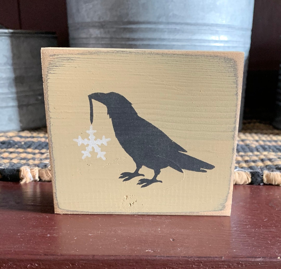 Primitive Country Winter Crow With Snowflake 4” Shelf Sign - Etsy