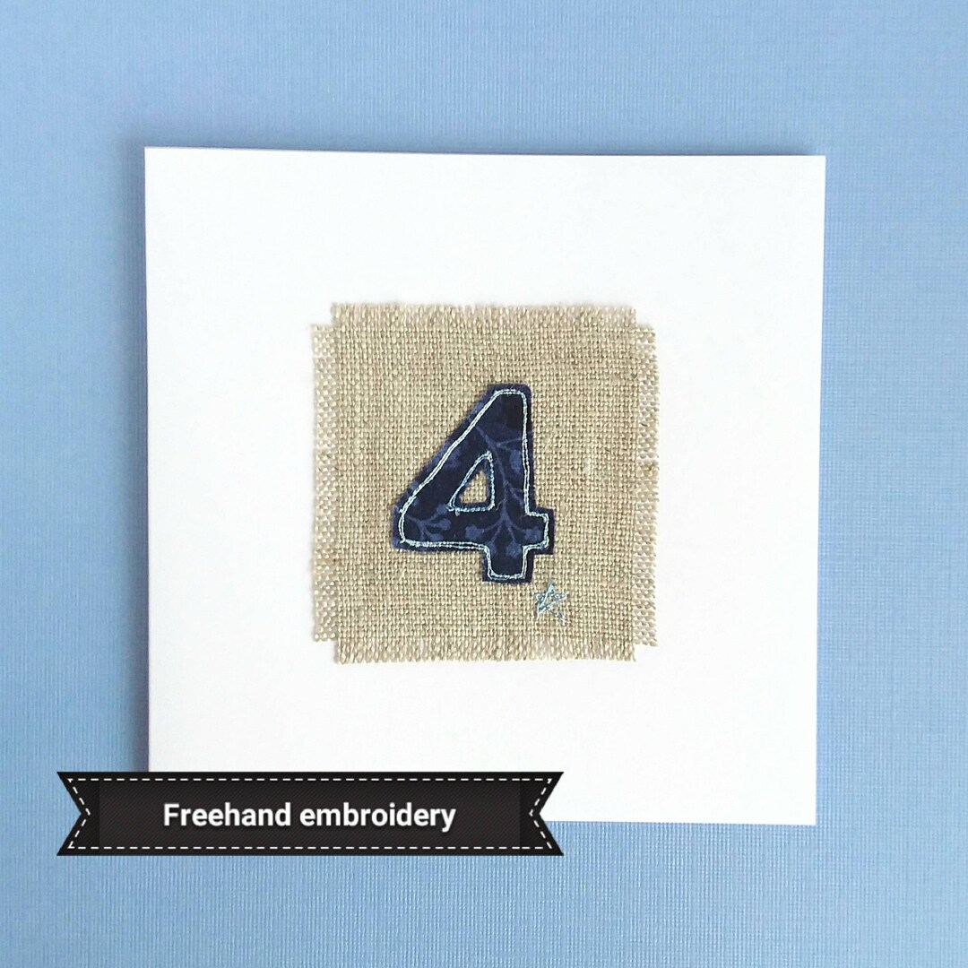 Number 4 Greetings Card. With a Number Four Embroidered in Deep Blue ...