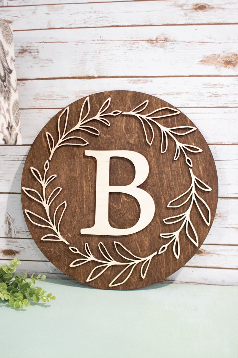 Wooden Round Monogram Sign With Laurels Custom Wood Initial - Etsy