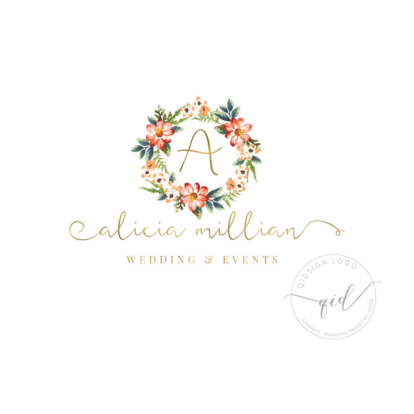 Premade Wedding Events Logo, Floral and Gold Calligraphy Logo, Business ...
