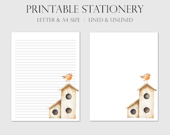 Printable Stationery Watercolor Bird & Birdhouse, Writing Paper ...