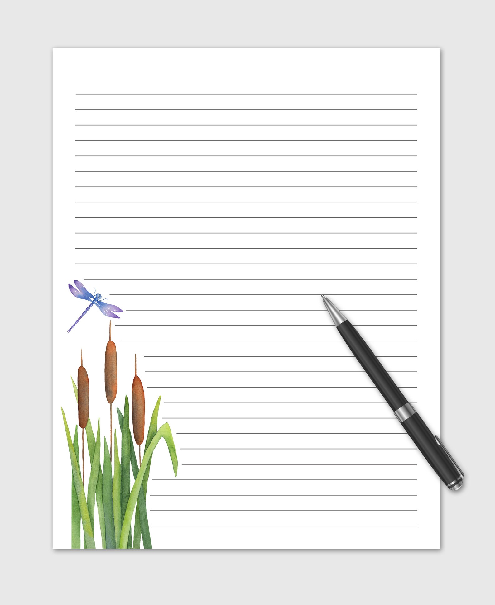 Printable Stationery Watercolor Cattails & Dragonfly, Botanical Digital ...