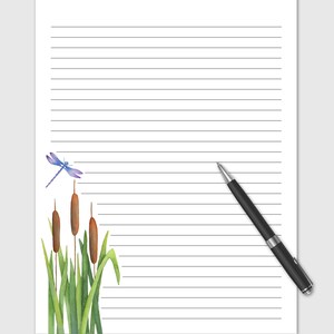 Printable Stationery Watercolor Cattails & Dragonfly, Botanical Digital ...