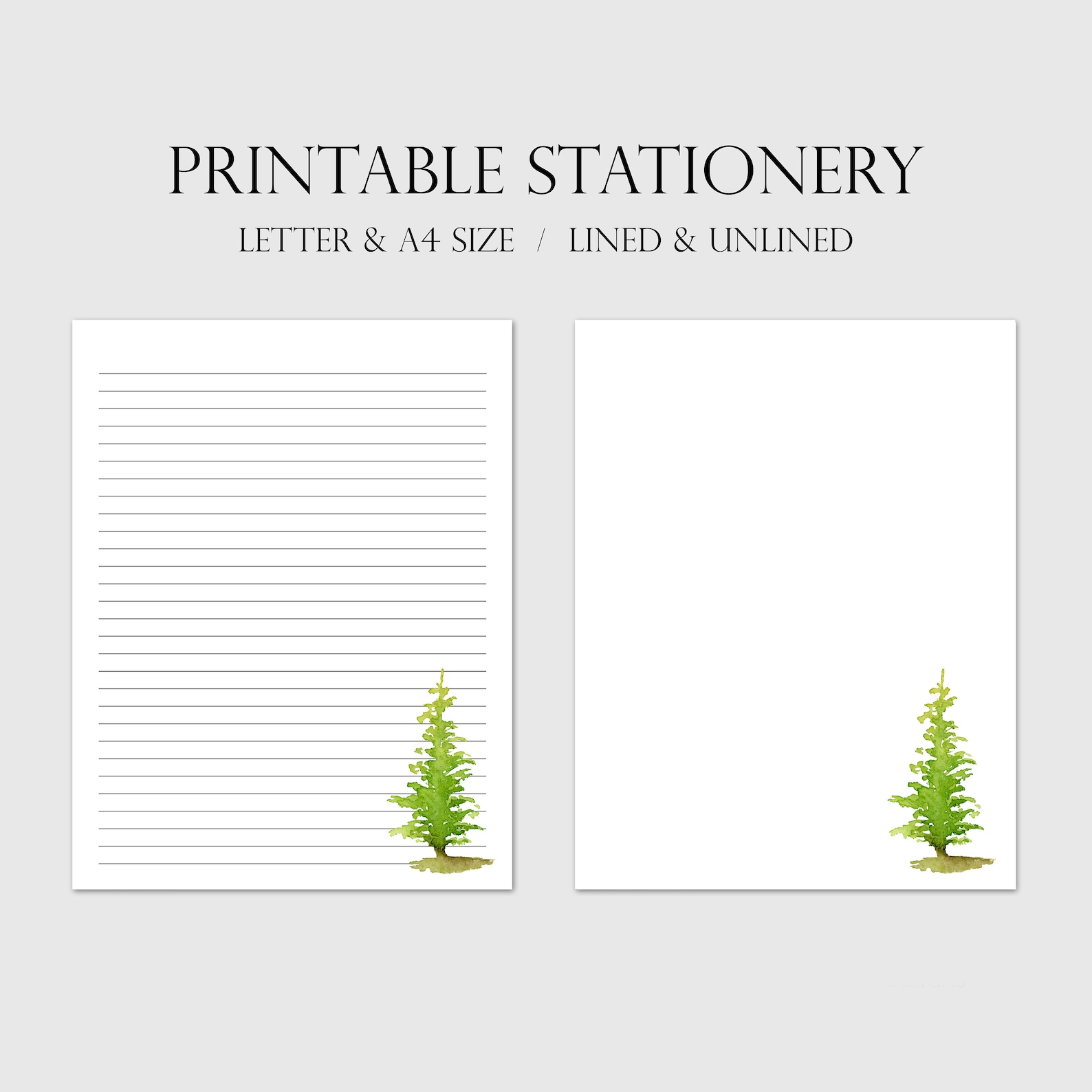 Printable Stationery Watercolor Pine Tree, Writing Paper Download, 8 ...