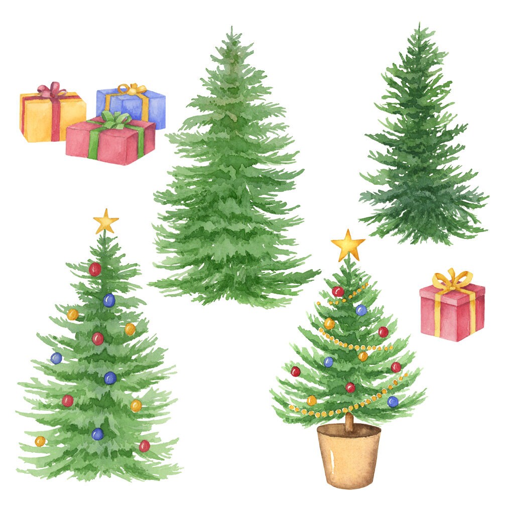 Watercolor Christmas Clipart Trees & Presents, Hand Painted Pine Trees ...