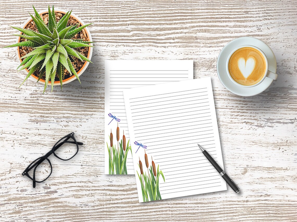 Printable Stationery Watercolor Cattails & Dragonfly, Botanical Digital ...