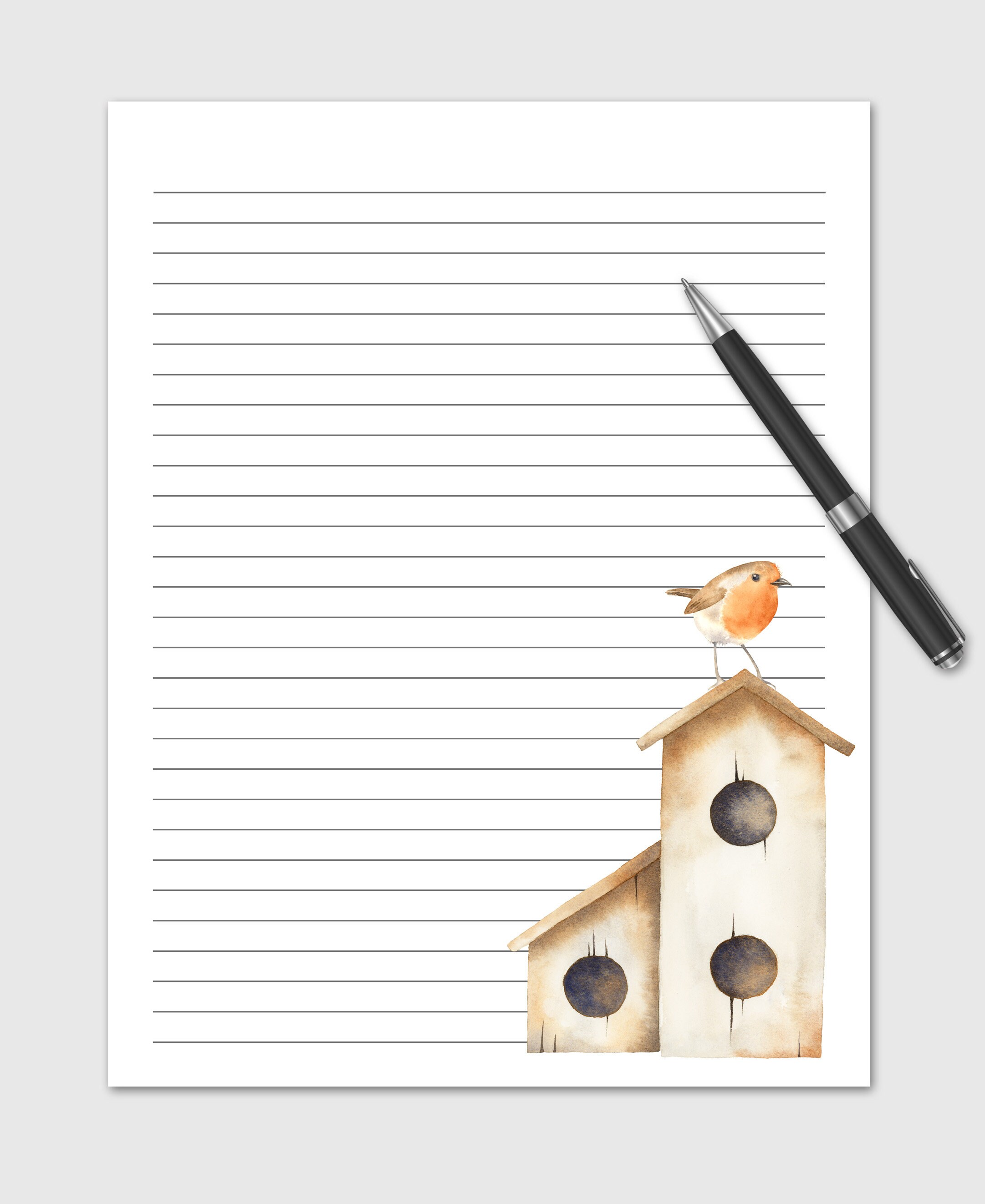 Printable Stationery Watercolor Bird & Birdhouse, Letter Writing Paper ...