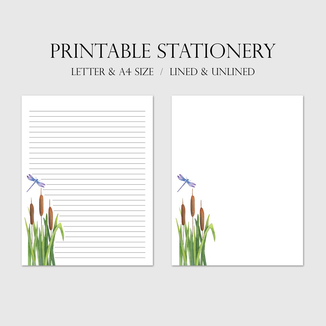 Printable Stationery Watercolor Cattails & Dragonfly, Botanical Digital ...