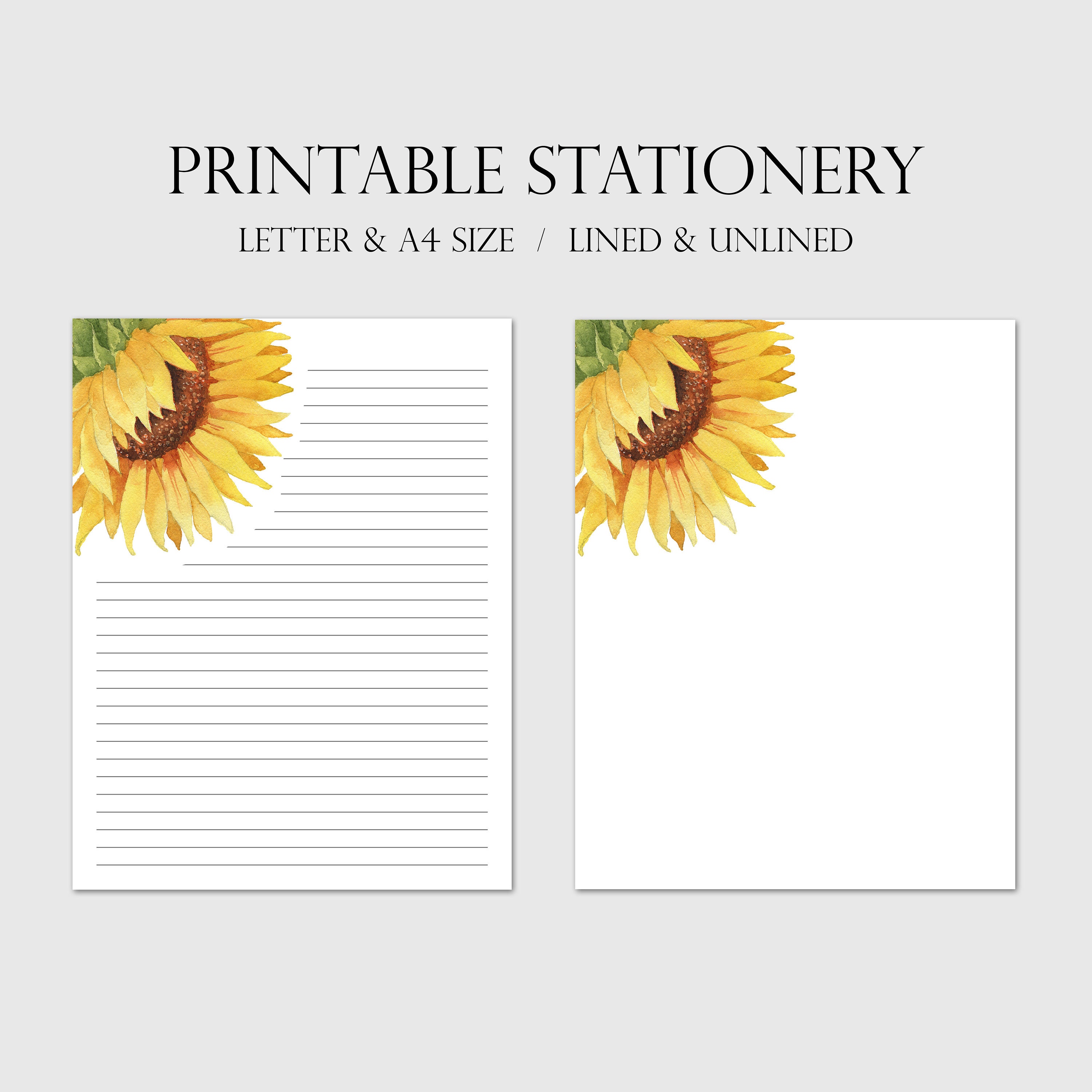Printable Stationery Watercolor Sunflower, Writing Paper Download, 8.5x11 Letter Size, A4 Size ...