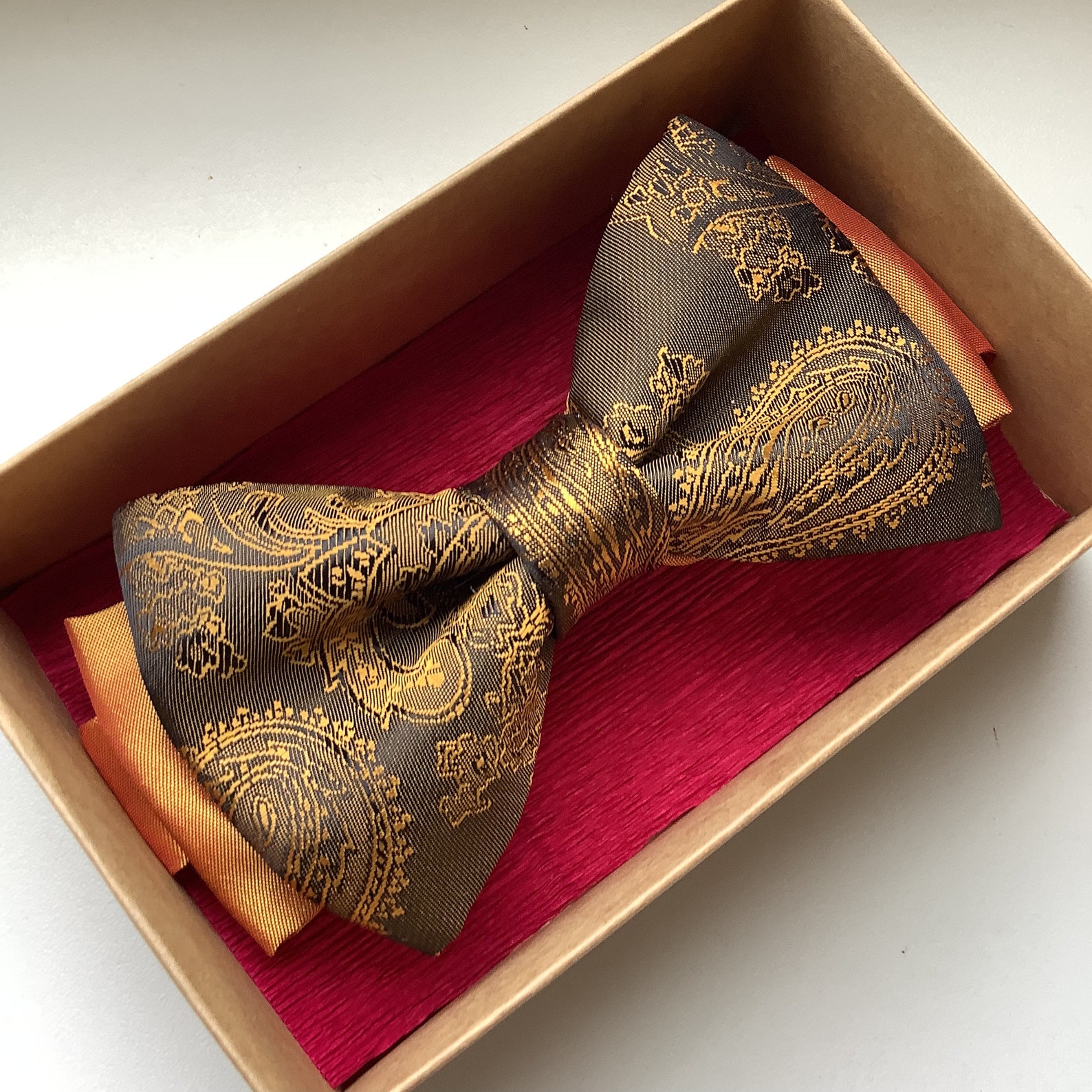 Copper Bow Tie With Orange Gold Layer Bronze Paisley Dark - Etsy