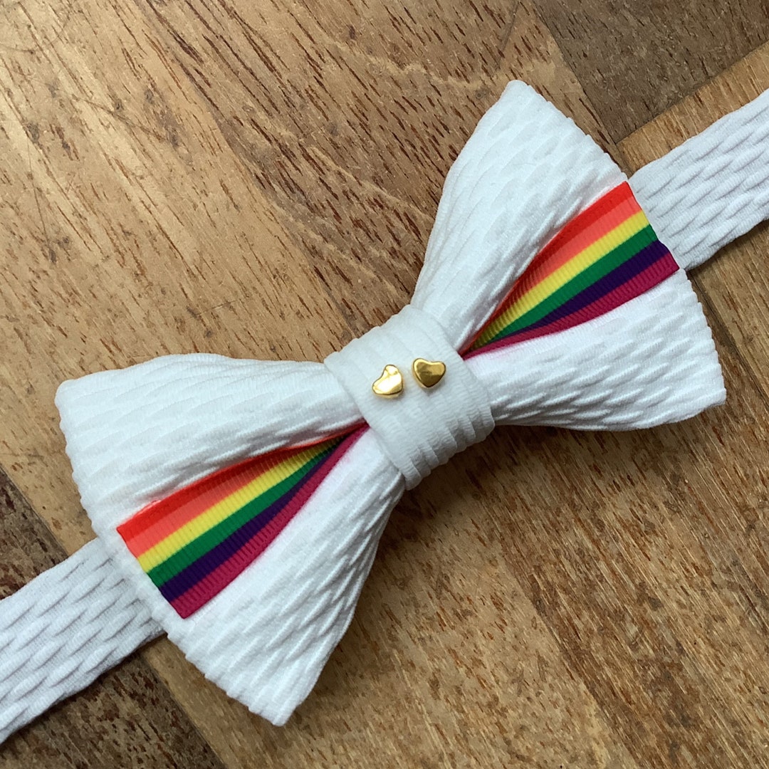 Pride Bow Tie White With Two Hearts and Pride Flag Lgbtq Tie - Etsy