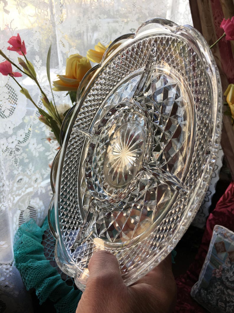 Vintage WEXFORD Lead Crystal Relish Serving TRAY Made by Anchor Hocking ...