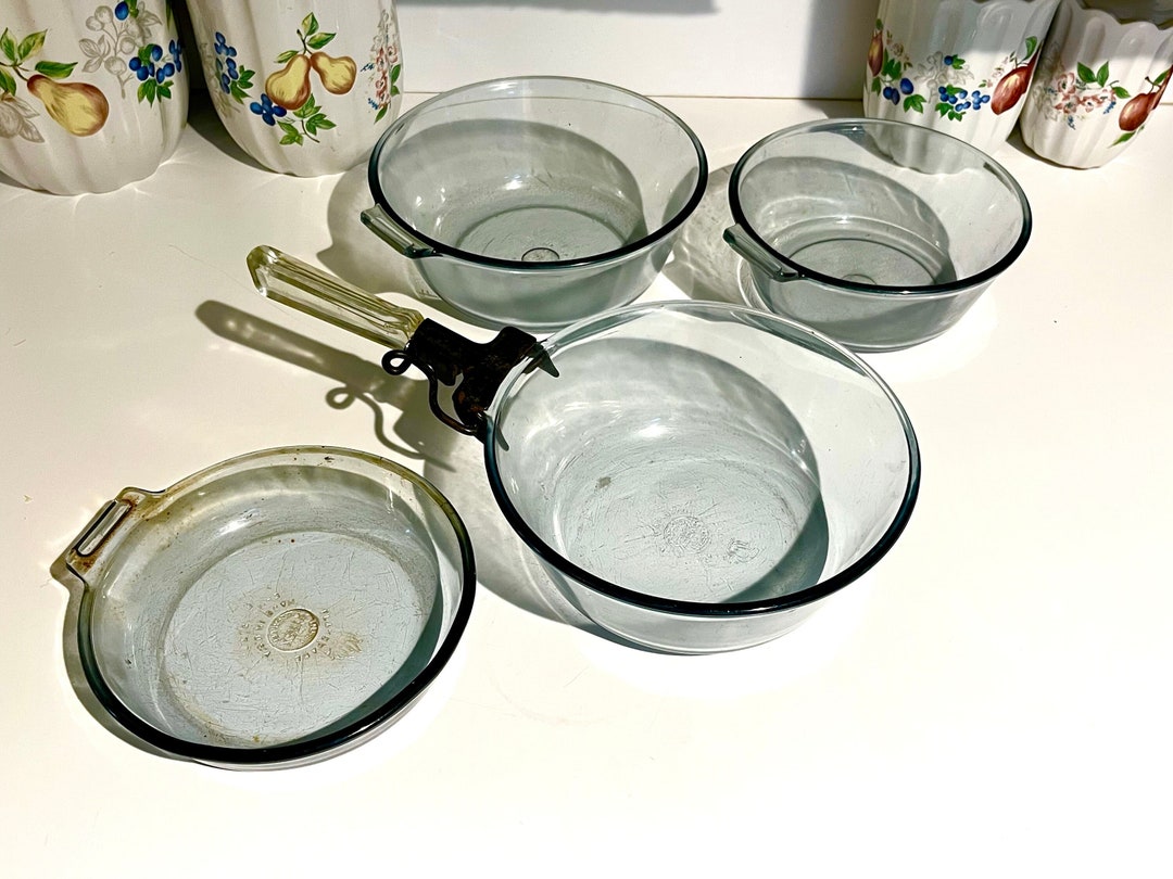 Vintage PYREX Flameware Glass COOKWARE SET of 3 & Detachable Handle ...