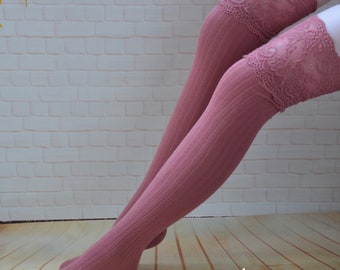 Pink Knee High Socks Thigh High Socks Pink Women Knee Socks pink Lace Top Bow Socks Boot Socks women Leg Warmers Etsy